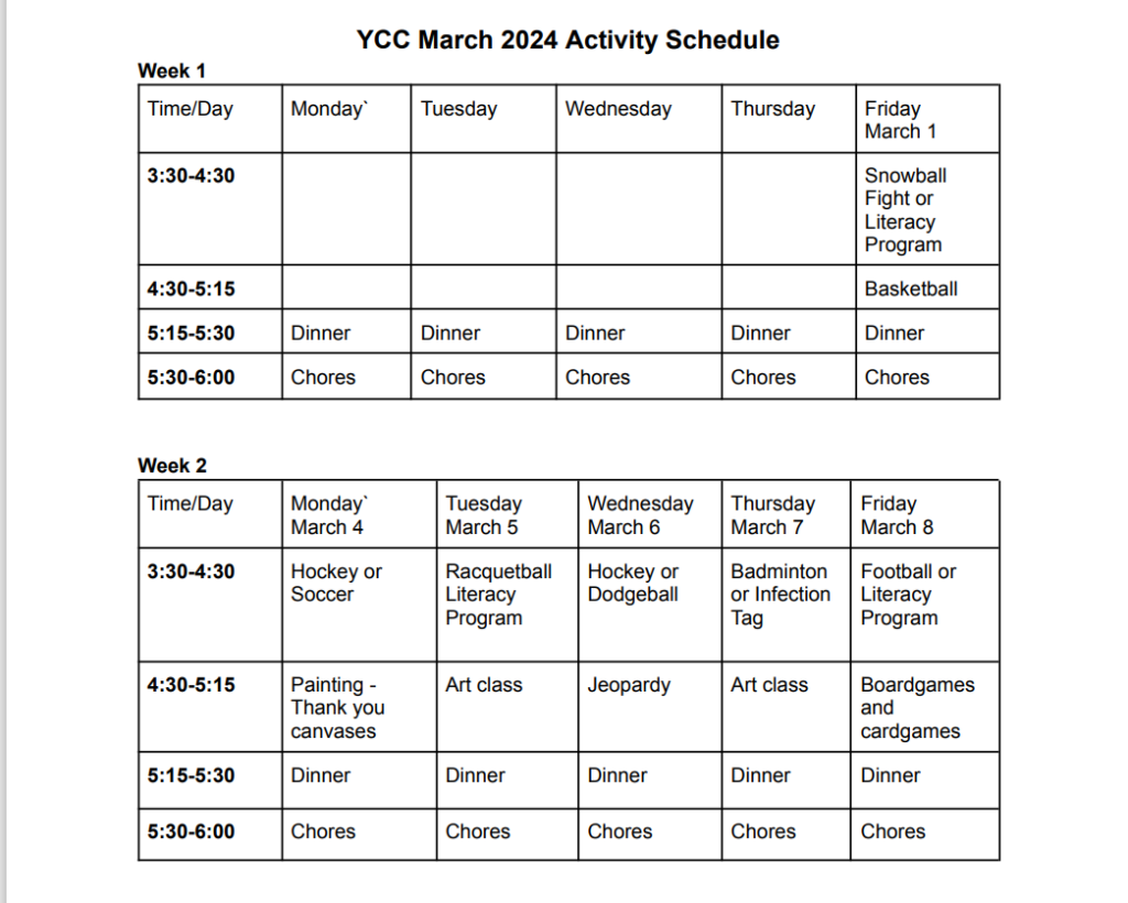 YCC March 2024 Activity Schedule | YCC