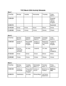 YCC March 2024 Activity Schedule | YCC
